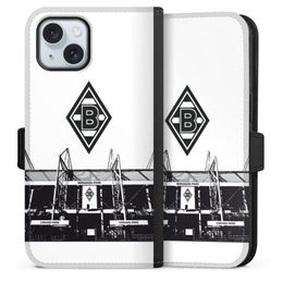 DeinDesign iPhone 15 Handy Klapph&uuml;lle Handyh&uuml;lle aus Kunst Leder schwarz Flip Case Stadium Die Fohlen Borussia M&ouml;nchengladbach Sideflip mit Lasche