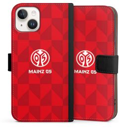 DeinDesign iPhone 14 Handy Klapph&uuml;lle Handyh&uuml;lle aus Kunst Leder schwarz Flip Case Mainz 05 Official Licensed Product Merchandise Sideflip mit Lasche