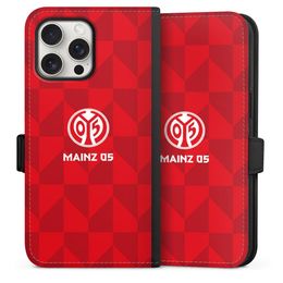 DeinDesign iPhone 15 Pro Max Handy Klapph&uuml;lle Handyh&uuml;lle aus Kunst Leder schwarz Flip Case Mainz 05 Official Licensed Product Merchandise Sideflip mit Lasche
