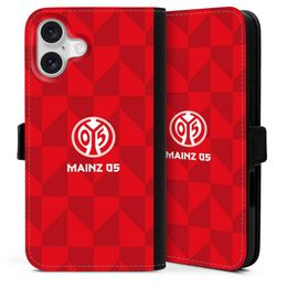 DeinDesign iPhone 16 Plus Handy Klapph&uuml;lle Handyh&uuml;lle aus Kunst Leder schwarz Flip Case Mainz 05 Official Licensed Product Merchandise Sideflip mit Lasche