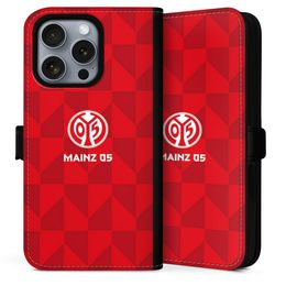 DeinDesign iPhone 16 Pro Max Handy Klapph&uuml;lle Handyh&uuml;lle aus Kunst Leder schwarz Flip Case Mainz 05 Official Licensed Product Merchandise Sideflip mit Lasche