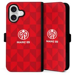 DeinDesign iPhone 16 Handy Klapph&uuml;lle Handyh&uuml;lle aus Kunst Leder schwarz Flip Case Mainz 05 Official Licensed Product Merchandise Sideflip mit Lasche