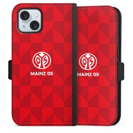 DeinDesign iPhone 15 Handy Klapph&uuml;lle Handyh&uuml;lle aus Kunst Leder schwarz Flip Case Mainz 05 Official Licensed Product Merchandise Sideflip mit Lasche
