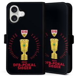 DeinDesign iPhone 16 Handy Klapph&uuml;lle Handyh&uuml;lle aus Kunst Leder schwarz Flip Case Trophy Official Licensed Product Vfb Stuttgart Sideflip mit Lasche