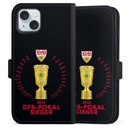 DeinDesign iPhone 15 Handy Klapph&uuml;lle Handyh&uuml;lle aus Kunst Leder schwarz Flip Case Trophy Official Licensed Product Vfb Stuttgart Sideflip mit Lasche
