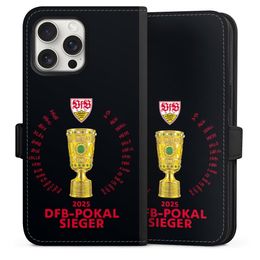 DeinDesign iPhone 15 Pro Max Handy Klapph&uuml;lle Handyh&uuml;lle aus Kunst Leder schwarz Flip Case Trophy Official Licensed Product Vfb Stuttgart Sideflip mit Lasche