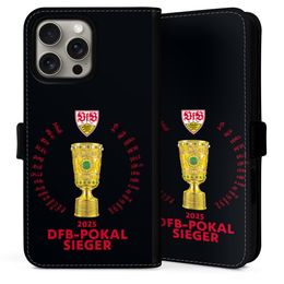 DeinDesign iPhone 16 Pro Handy Klapph&uuml;lle Handyh&uuml;lle aus Kunst Leder schwarz Flip Case Trophy Official Licensed Product Vfb Stuttgart Sideflip mit Lasche