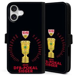 DeinDesign iPhone 16 Plus Handy Klapph&uuml;lle Handyh&uuml;lle aus Kunst Leder schwarz Flip Case Trophy Official Licensed Product Vfb Stuttgart Sideflip mit Lasche