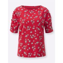 WITT Damen Kurzarmshirt mit Blumenmuster, erdbeere-ecru-bedruckt, Gr&ouml;&szlig;e 50