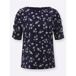WITT Damen Kurzarmshirt mit Blumenmuster, marine-ecru-bedruckt, Gr&ouml;&szlig;e 44