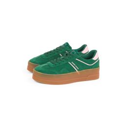 Plateausneaker Tommy Jeans "THE GREENWICH FLATFORM SUEDE", Damen, Gr. 40, bunt (grün, rose), Lederimitat, Veloursleder, Schuhe Retrosneaker, Freizeitschuh, Halbschuh, Schnürschuh mit dezenten Ziernähten