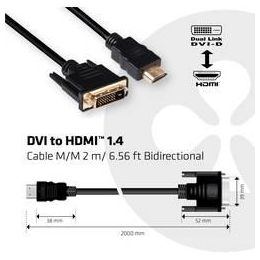 club3D DVI / HDMI Adapterkabel DVI-D 24+1pol. Stecker, HDMI-A Stecker 2.00 m Schwarz CAC-1210 Flammwidrig DVI-Kabel