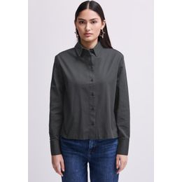 Hemdbluse STREET ONE STUDIO, Damen, Gr. 44, grau (lead grau), Web, 100% Baumwolle, unifarben, normal normal, V-Ausschnitt, Manschette, Blusen, mit Glitzersteinen