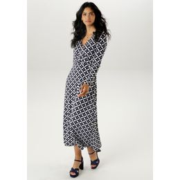 Midikleid Aniston SELECTED, Damen, Gr. 38, N-Gr, blau (marine, sanftes wei&szlig;), Single Jersey, Obermaterial: 95% Viskose, 5% Elasthan, bedruckt, gebl&uuml;mt, gemustert, figurbetont kn&ouml;chelfrei, V-Ausschnitt, Kleider Midikleid, mit eleganten, grafischen Druckverlauf