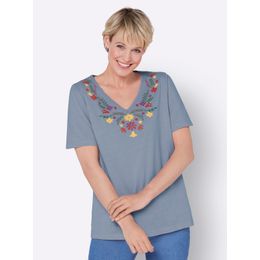 WITT Damen V-Shirt mit floralem Druck, bleu, Gr&ouml;&szlig;e 56