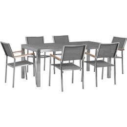 Beliani Gartenmöbel Set Grau Granit Edelstahl Tisch 180 cm Poliert 6 Stühle Terrasse Outdoor Modern
