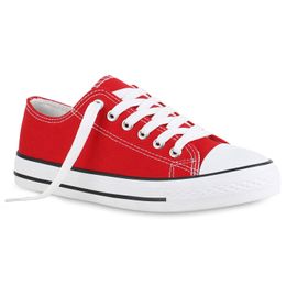 Mytrendshoe Damen Sneaker Low Basic Canvas Stoff Schuhe Turnschuhe Schnürer 820605, Farbe: Rot, Größe: 37