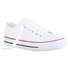 Mytrendshoe Damen Sneaker Low Basic Canvas Stoff Schuhe Turnschuhe Schnürer 820605, Farbe: Weiß Rotstreifen, Größe: 36