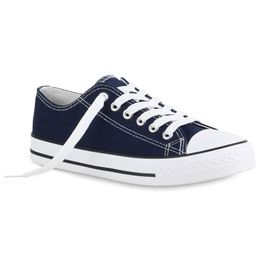 Mytrendshoe Damen Sneaker Low Basic Canvas Stoff Schuhe Turnschuhe Schnürer 820605, Farbe: Denim Blau, Größe: 36