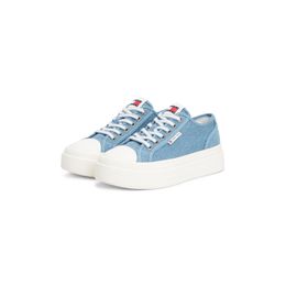 Plateausneaker Tommy Jeans "TJW FOXING FLATFORM LC", Damen, Gr. 41, blau (jeansfarben), Baumwolle, Schuhe, Freizeitschuh, Halbschuh, Schnürschuh im Jeans-Look