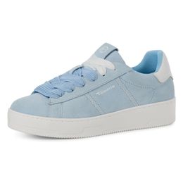 Plateausneaker Tamaris, Damen, Gr. 38, blau (hellblau), Rindsleder, Schuhe, Freizeitschuh, Halbschuh, Schnürschuh mit seitlichem Logoschriftzug