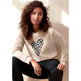 Sweatshirt Lascana, Damen, Gr. 32/34, beige (sand), Obermaterial: 60% Baumwolle, 40% Polyester, bedruckt, unifarben, klassisch h&uuml;ftlang, Rundhals, Rippb&uuml;ndchen, Sweatshirts Sweatshirt, mit Herz-Leo-Druck, Loungewear, Topseller