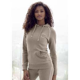 H.I.S. Hoodie H.I.S, Damen, Gr. 48/50, braun (camelfarben), Interlock, Obermaterial: 60% Baumwolle, 40% Polyester, unifarben, Basic, mit Paspel, Sweatshirts Hoodie, mit K&auml;ngurutasche, Loungewear
