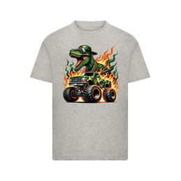 F4NT4STIC T Shirt 'Dinosaurier Monster Truck Feuer&lsquo; Jungen Gr&ouml;&szlig;e 134/140 grau / gr&uuml;n / orange / schwarz