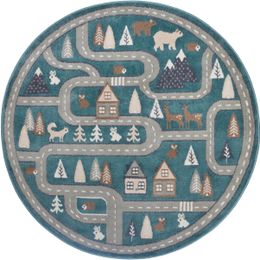 Kinderteppich Hanse Home "Adventures Streets", blau (blau,grau), H:8mm Ø:140cm, Polypropylen, Teppiche, Spielteppich, fest, Kinderzimmer, Kurzflor, Spielunterlage