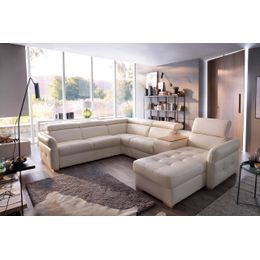 Wohnlandschaft exxpo - SOFA FASHION "Massimo, Familien Sofa mit viel Platz, Lederbezug, bequem, komfortabel", rosa (silk), B:336cm H:78cm T:268cm, Sofas, U-Form, inkl. Bettfunktion, Bettkasten, elektr. Relaxfunktion