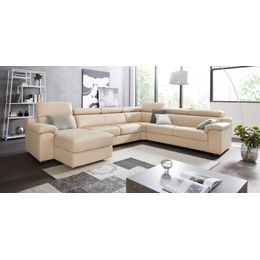 Wohnlandschaft Calia italia "CS_Mambo, U-Form, Familiensofa, bequem und zeitlos", beige, B:360cm H:98cm T:286cm, Sofas, in Leder, inklusive Kopfteilverstellung