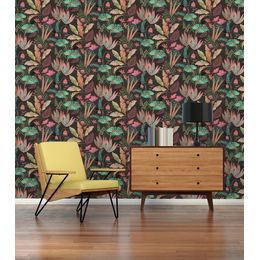 Livingwalls Vliestapete LIVING WALLS "Famous Garden florale Tapete Mustertapete Pflanzen Blattmotiv", bunt (schwarz,bunt,grün), B:0,53m H:0,02m L:10,05m, Vlies, Tapeten, Vliestapete Blätter für Schlafzimmer Küche Wohnzimmer Floral Design