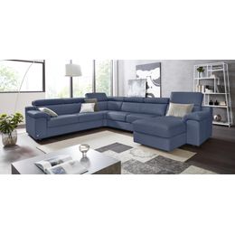 Wohnlandschaft Calia italia "CS_Mambo, U-Form, Familiensofa, bequem und zeitlos", blau, B:360cm H:98cm T:286cm, Sofas, in Leder, inklusive Kopfteilverstellung