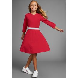 Skaterkleid Kidsworld "mit Glitzerband", M&auml;dchen, Gr. 176/182, N-Gr, rot, Jersey, Obermaterial: 95% Baumwolle, 5% Elasthan, unifarben mit Farbeinsatz, ausgestellt kniefrei, Rundhals, abgesteppte Kante, Kleider, festlich, kniefrei, 3/4-&Auml;rmel, aus Baumwollmischung