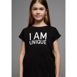 T-Shirt Kidsworld "Mit Spruch: I AM UNIQUE", Mädchen, Gr. 140/146, schwarz, Single Jersey, Obermaterial: 100% Baumwolle, bedruckt, weit hüftbedeckend, Rundhals, Aufschlag, Shirts, kurzärmelig, weit geschnitten, bedruckt, Rundhalsausschnitt