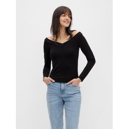 Langarmshirt Pieces "PCMALIVA LS OFF SHOULDER V-NECK TOP NOOS", Damen, Gr. S, schwarz, Jersey, Obermaterial: 90% Viskose, 10% Elasthan, unifarben, slim fit taillenbedeckt, V-Ausschnitt, Shirts Langarmshirt