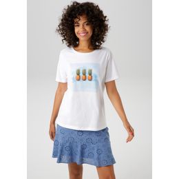 T-Shirt Aniston CASUAL, Damen, Gr. 40/42, bunt (wei&szlig;, t&uuml;rkis, hellt&uuml;rkis, gr&uuml;n, hellgr&uuml;n, orange, gelb, braun), Single Jersey, Obermaterial: 100% Baumwolle, bedruckt, figurumspielend h&uuml;ftbedeckend, Rundhals, Shirts T-Shirt, mit tropischem Ananas-Frontdruck