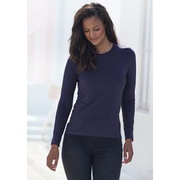 Langarmshirt Lascana "aus weichem Viskose-Stretch", Damen, Gr. 40/42, blau (navy), Single Jersey, Obermaterial: 95% Viskose, 5% Elasthan, unifarben, Basic, Basic normal, Rundhals, Shirts