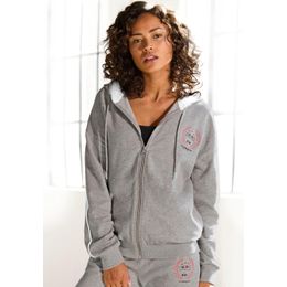 H.I.S. Sweatjacke H.I.S, Damen, Gr. 32/34, grau (hellgrau), Sweatware, Obermaterial: 90% Baumwolle, 10% Polyester, bestickt, unifarben mit Farbeinsatz, bequem lang, angeschnitten Rippbündchen, Sweatjacken, mit schöner Stickerei, Loungeanzug