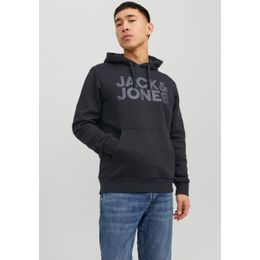 Jack & Jones Kapuzensweatshirt JACK & JONES "JJECORP LOGO SWEAT HOOD NOOS", Herren, Gr. M, schwarz, angeraute Sweatware, Obermaterial: 61% Polyester, 39% Baumwolle, bedruckt, regular fit taillenbedeckt, Rundhals, Rippb&uuml;ndchen, Sweatshirts, mit Logo Print