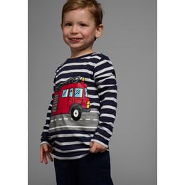 Langarmshirt Kidsworld "TAT&Uuml; TATA die Feuerwehr ist da", Jungen, Gr. 140/146, blau (marine, wei&szlig;, geringelt), Single Jersey, Obermaterial: 50% Baumwolle, 50% Modal, bedruckt, gestreift, Basic, Rundhals, Shirts Langarmshirt, lang&auml;rmlig, Basic-Passform, gestreift und bedruckt