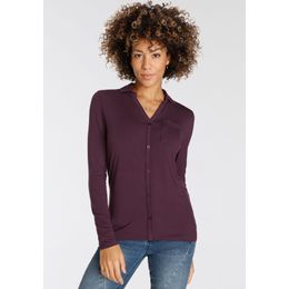Boysen's Langarmshirt BOYSEN'S, Damen, Gr. 48, lila (pflaume), Single Jersey, Obermaterial: 95% Viskose, 5% Elasthan, unifarben, figurbetont h&uuml;ftbedeckend, abgesteppt, Shirts Langarmshirt, lang&auml;rmel, figurbetonter Schnitt, Blusenkragen