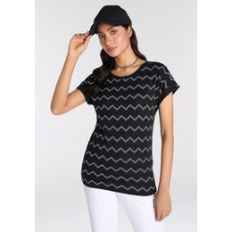 Kurzarmshirt Kangaroos, Damen, Gr. 36/38, schwarz-wei&szlig; (schwarz, wei&szlig;), Single Jersey, Obermaterial: 50% Baumwolle, 50% Modal, Fischgratmuster, bedruckt, gemustert, gestreift, figurumspielend h&uuml;ftbedeckend, Rundhals, angeschnitten,mit Aufschlag, Shirts, mit Zick-Zack-Muster
