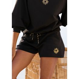 Sweatshorts Buffalo, Damen, Gr. 32/34, N-Gr, schwarz, Sweatware, Obermaterial: 60% Baumwolle, 40% Polyester, bedruckt, unifarben, bequem kurz, Hosen, Loungeshorts mit seitlichen Taschen und kleinem Print, Loungewear