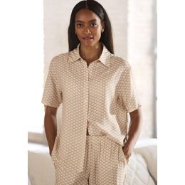 Pyjamaoberteil Lascana, Damen, Gr. 44, beige (beige, weiß gemustert), Web, Obermaterial: 100% Viskose, gemustert, bequem, Shirts, Mit edlem Allover-Druck