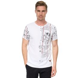 T-Shirt Rusty Neal, Herren, Gr. L, wei&szlig;, 100% Baumwolle, bedruckt, normal, Rundhals, Shirts T-Shirt, im Used-Look mit Allover-Print