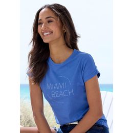 T-Shirt Vivance "mit modischem Frontprint", Damen, Gr. 40/42, blau, Jersey, Obermaterial: 100% Baumwolle, bedruckt, bequem normal, Rundhals, angeschnitten,mit Aufschlag Aufschlag, Shirts T-Shirt, aus weicher Baumwoll-Qualit&auml;t, Topseller