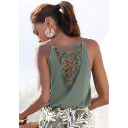Tr&auml;gertop Vivance, Damen, Gr. 32/34, gr&uuml;n (khaki), Single Jersey, Obermaterial: 100% Viskose. Spitze: 100% Baumwolle, unifarben, figurumspielend h&uuml;ftlang, amerikanischer Ausschnitt, Tops Tr&auml;gertop, mit Spitzeneinsatz am R&uuml;cken, luftiges Sommertop aus Jersey