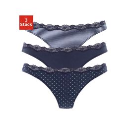 String Lascana, Damen, Gr. 44/46, blau (marine, gepunktet, gestreift, uni), Obermaterial: 95% Baumwolle, 5% Elasthan. Spitze: 87% Polyamid, 13% Elasthan, gepunktet, gestreift, unifarben, körpernah, Unterhosen, aus elastischer Baumwolle mit zarter Spitze
