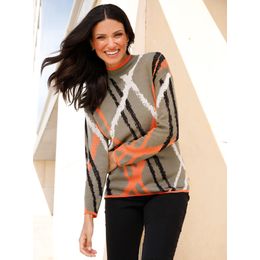 Stehkragenpullover Classic Basics "Stehkragen-Pullover", Damen, Gr. 40, gr&uuml;n (khaki, orange, gemustert), 100% Polyacryl, gemustert, mehrfarbig, Pullover Stehkragenpullover